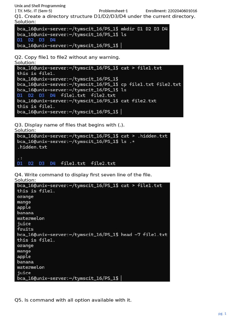 UNIX Problemsheet 1 | PDF