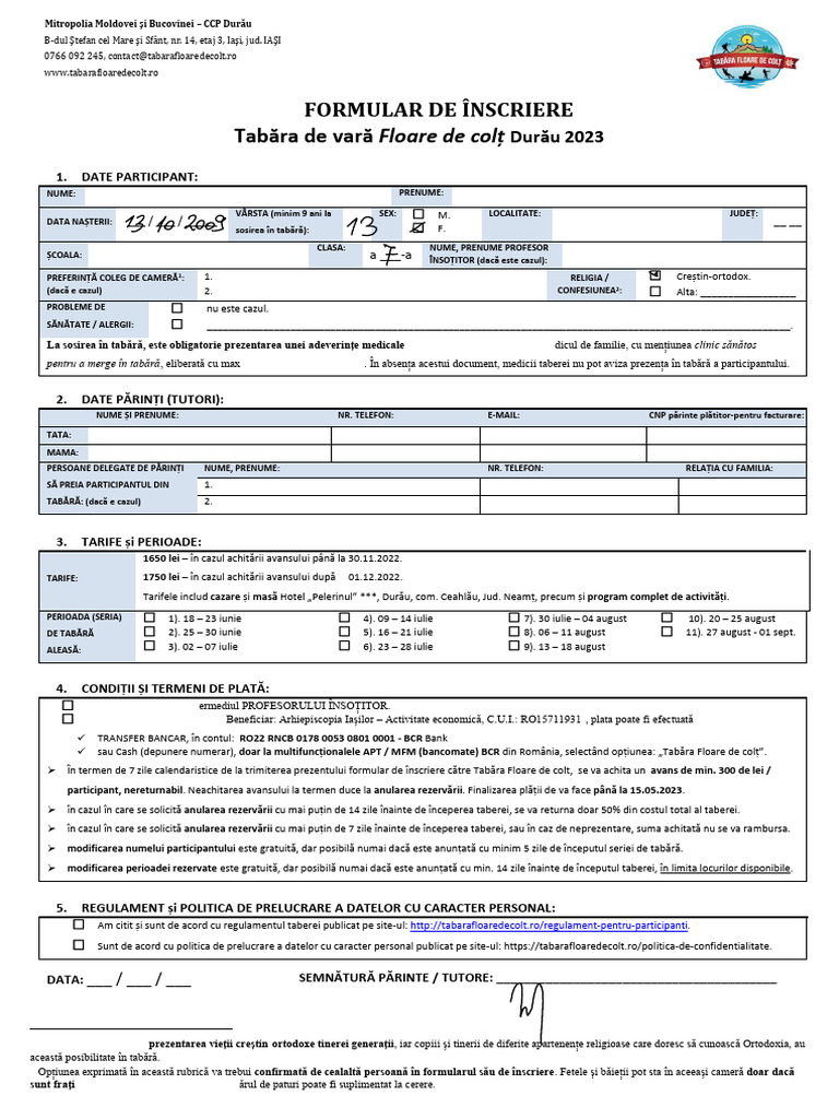 Formular Inscriere Vara 2023 M | PDF