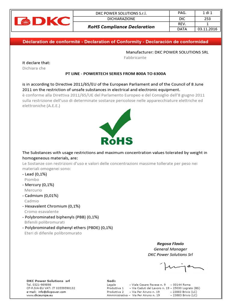 DIC_253-Rev.01_RoHS Compliance Declaration - PT | PDF