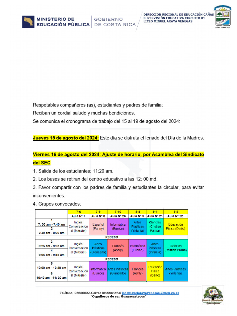 CIRCULAR - DREC-SE-C01-LMAV-127-2024 Cronograma de Trabajo Del 15 Al 19 de Agosto Del 2024 | PDF