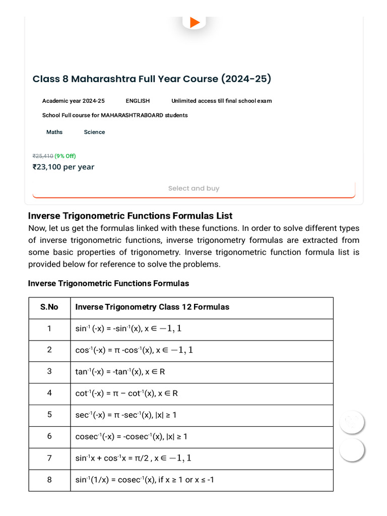 CBSE Class 12 Maths Chapter-2 Inverse Trigonometric Functions Formula ...