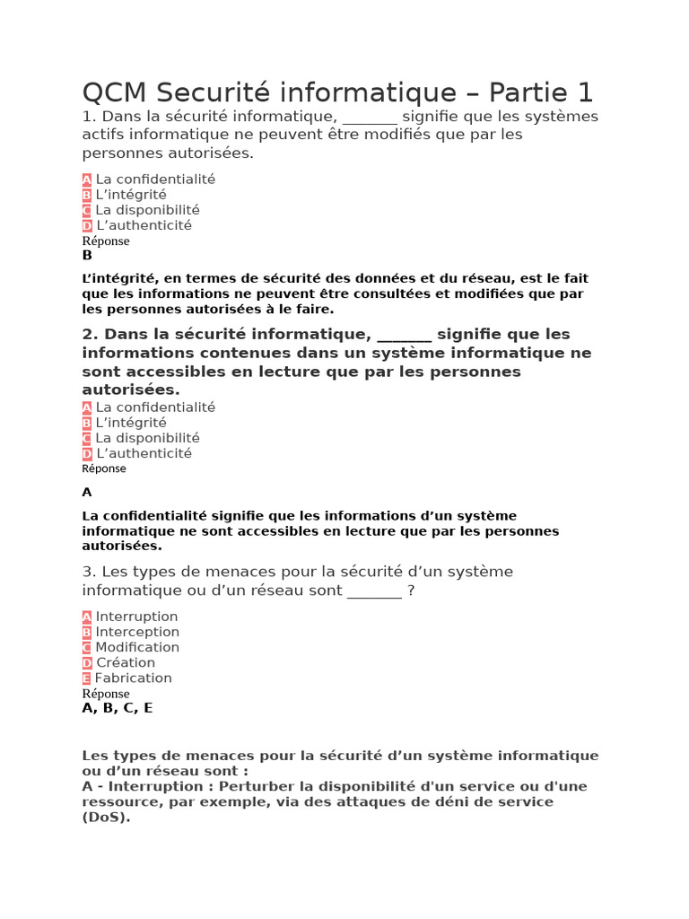 QCM Securité informatique (Réponses) | PDF