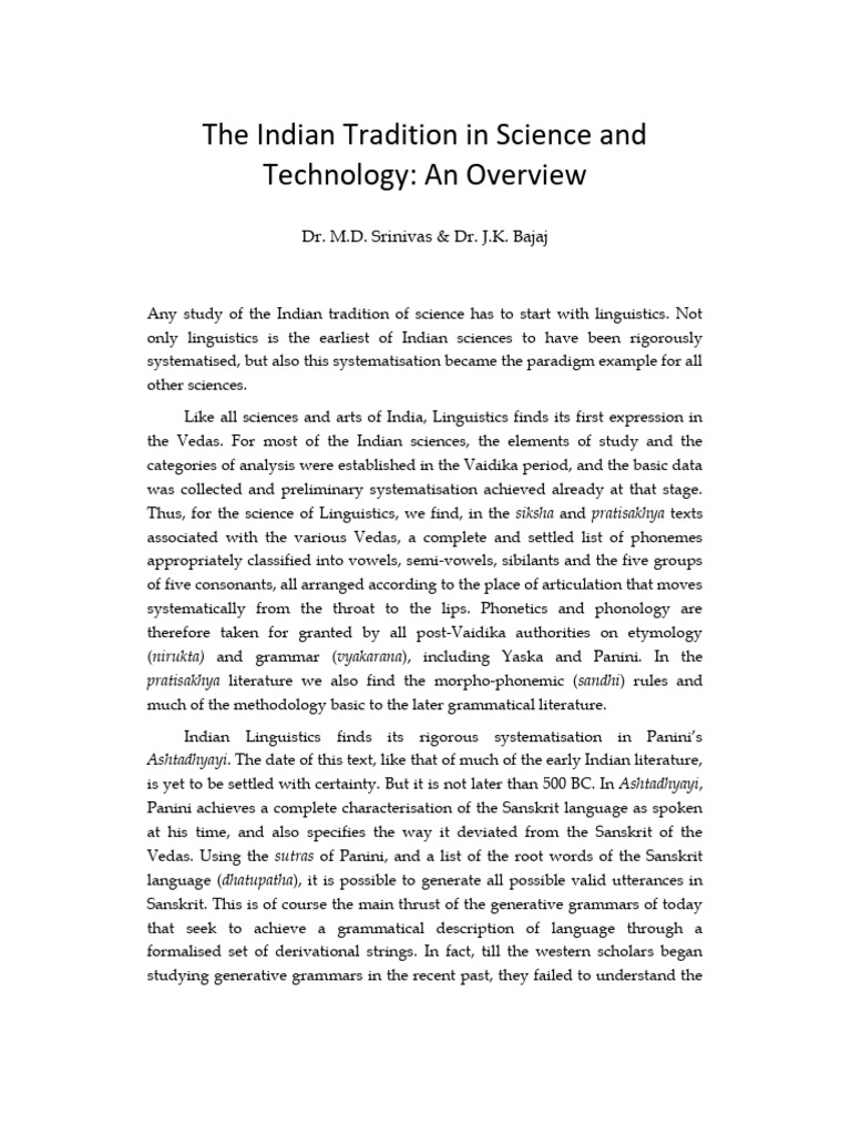 Indian Tradition in Science and Technology An overview-MDSrinivas JK ...