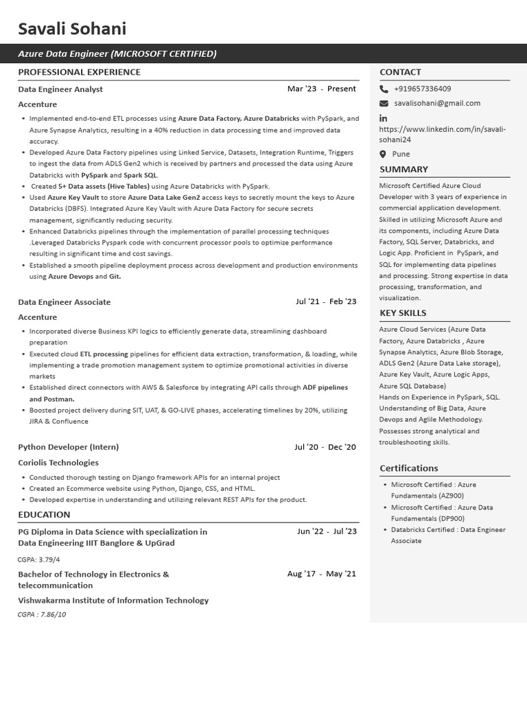 Shine_Savali_sohani_2yrs_Pune_6.00_LPA_Azure_data_engineer | PDF Shine_Savali_sohani_2yrs_Pune_6.00_LPA_Azure_data_engineer | PDF