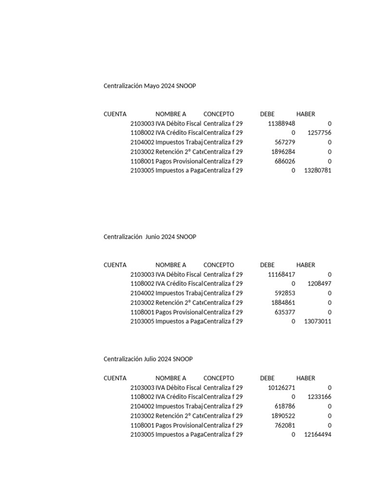 Centralizaciones Formulario Iva Mayo A Julio 2024 SNoop | PDF