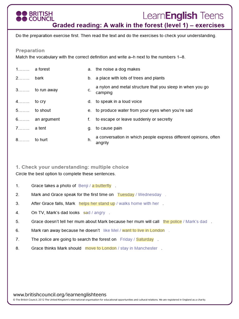 A Walk in the Forest Level 1 - Exercises 1 | PDF