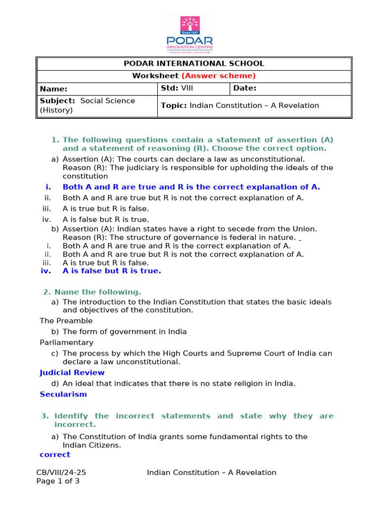 Indian Constitution Worksheet for Class 8 | PDF | Constitution | Justice