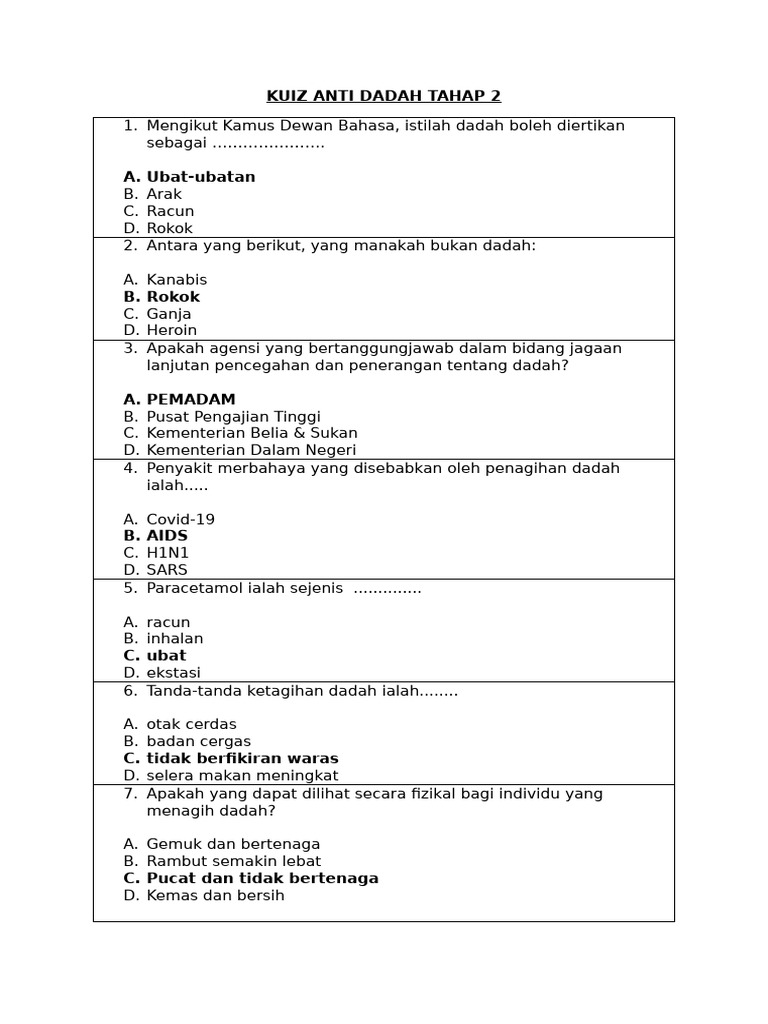 Kuiz Anti Dadah Tahap 2 | PDF