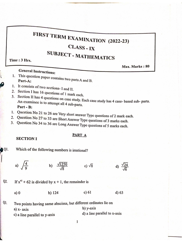 Maths Term 1 Question Paper | PDF