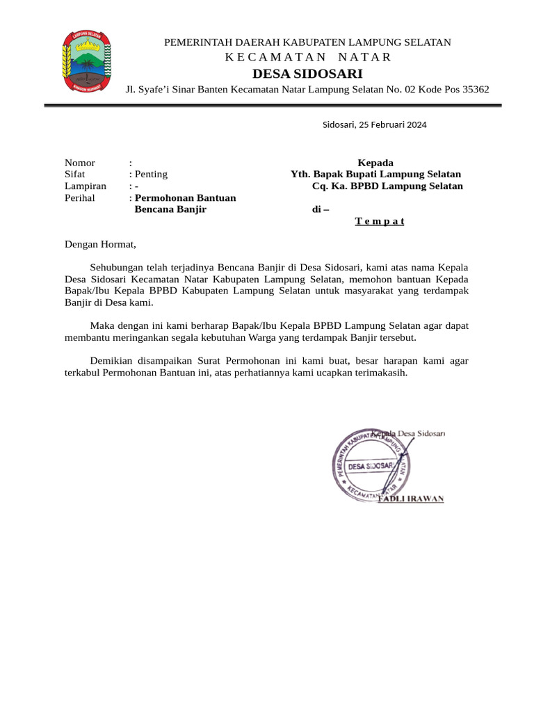 Surat Permohonan Bantuan Banjir | PDF