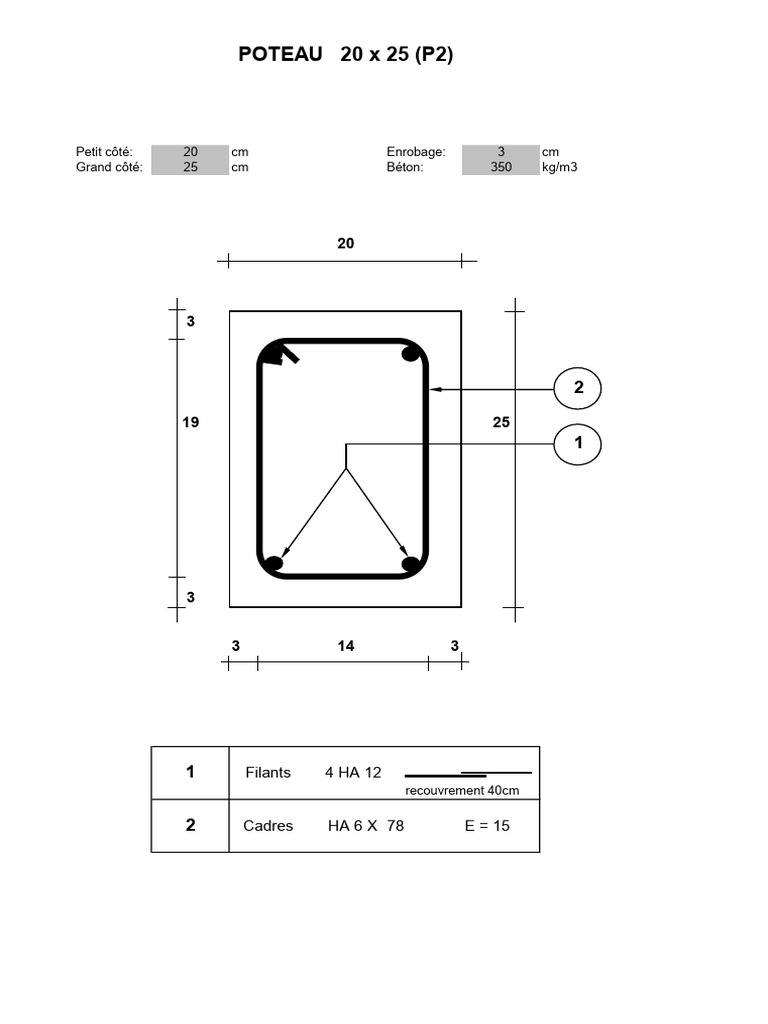 POTEAU 20 X 25 (P2) : Petit Côté: 20 CM Enrobage: 3 CM Grand Côté: 25 CM Béton: 350 kg/m3 | PDF