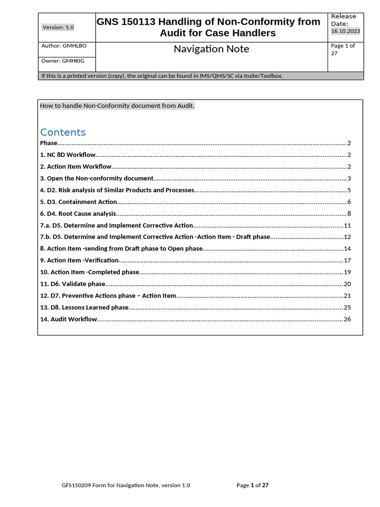 GNS150113 Handling of A Non-Conformity (NC) From An Audit For Case ...
