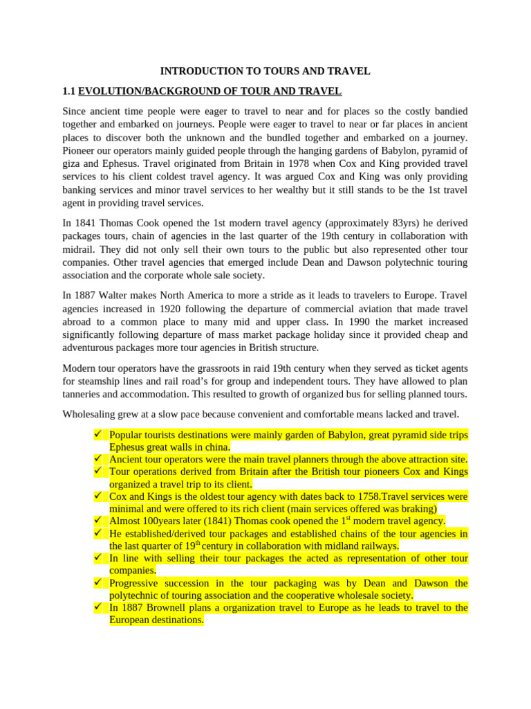 Chapter 1.. INTRODUCTION TO TOURS AND TRAVEL | PDF