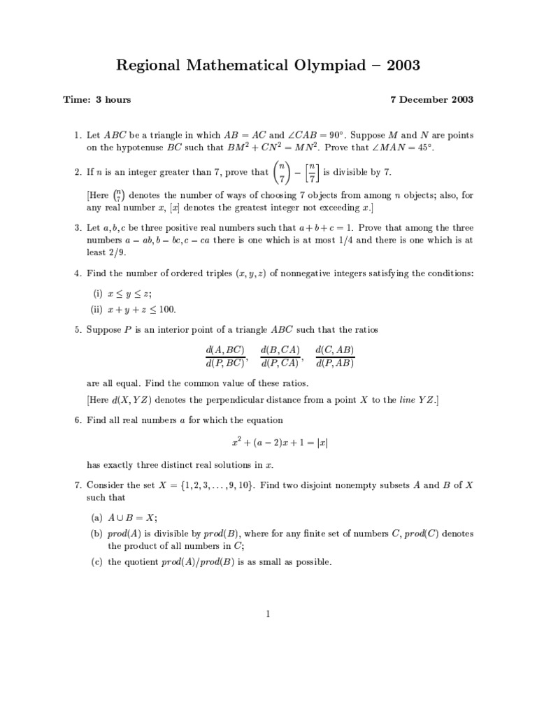 Regional Mathematical Olympiad 2003 | PDF