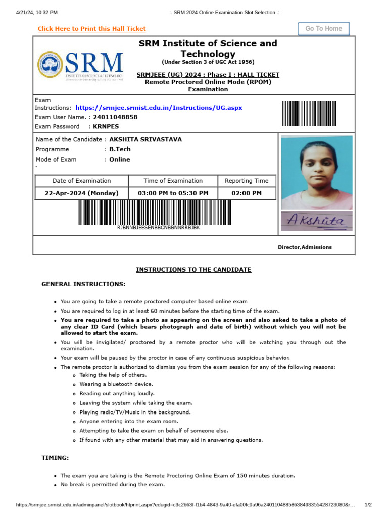SRM 2024 Online Examination Slot Selection | PDF