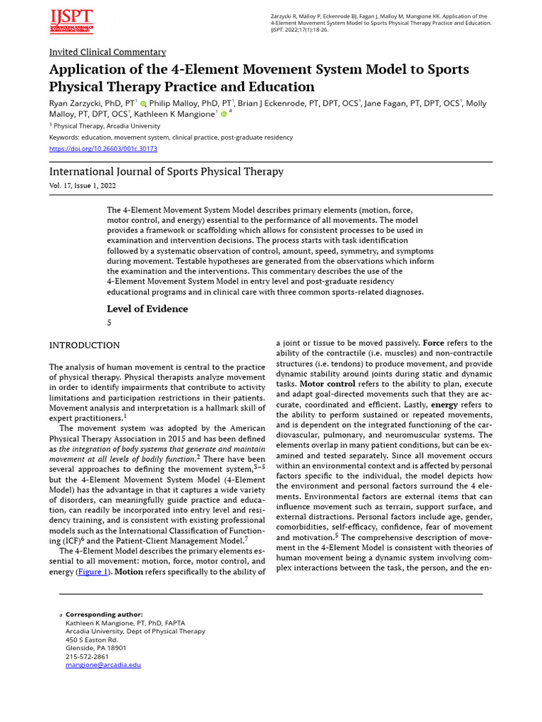 Application of The 4 Element Movement System Model To Sports Physical ...