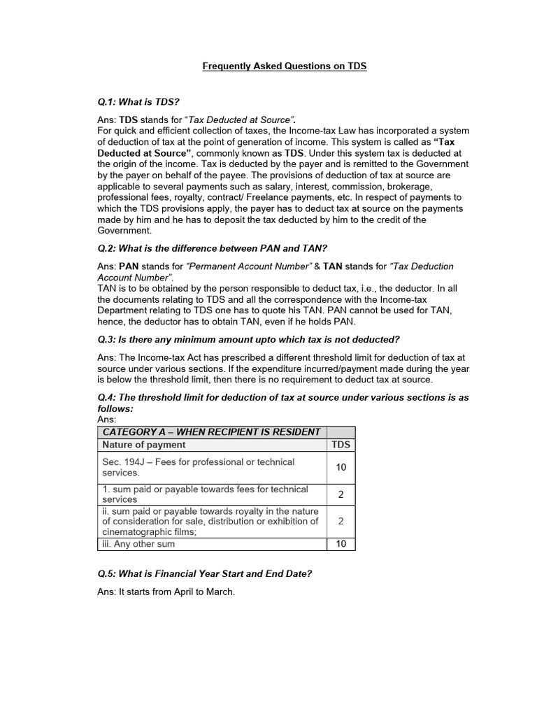 Frequently Asked Questions On TDS | PDF | Public Finance | Taxes