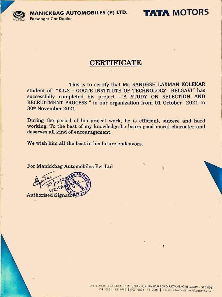 TATA Motors Internship | PDF