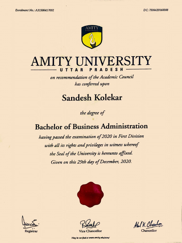 BBA Amity Degree Certificate | PDF