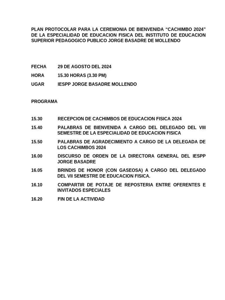 Plan Protocolar para La Ceremonia de Bienvenida | PDF