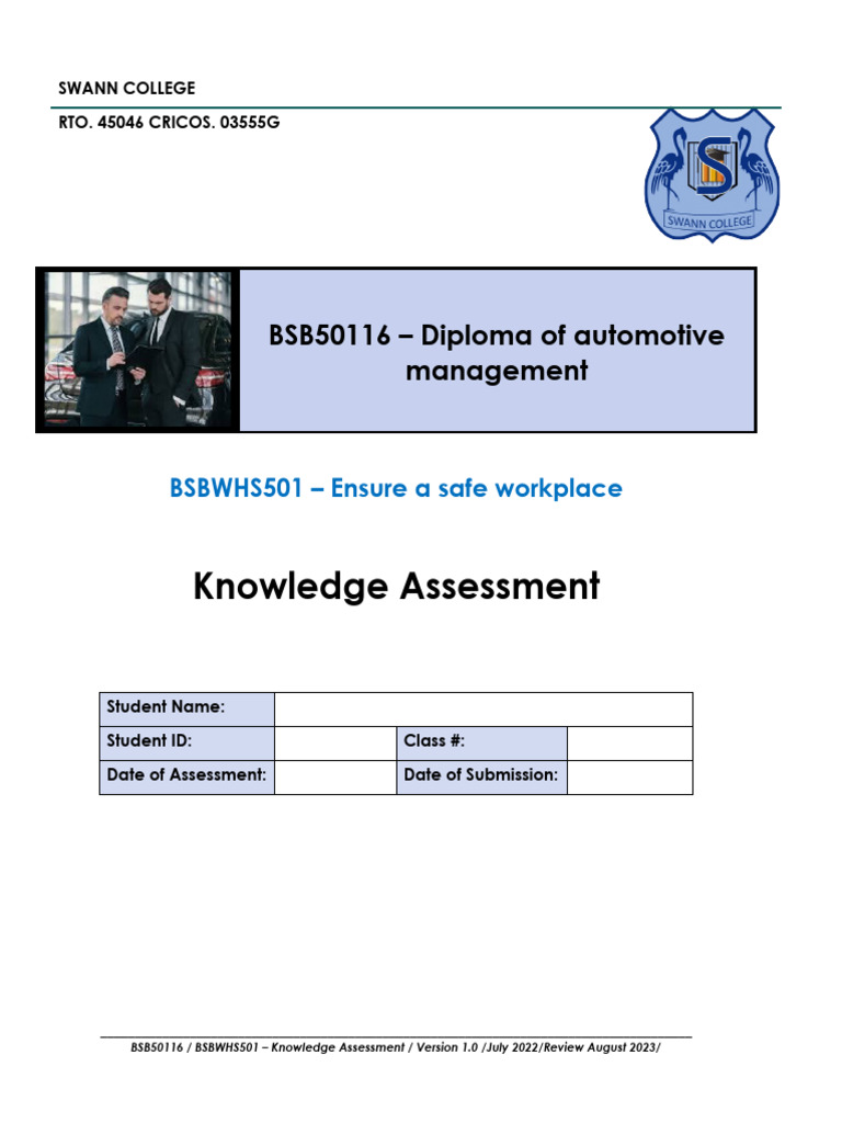 BSBWHS501 - Knowledge Assessment | PDF