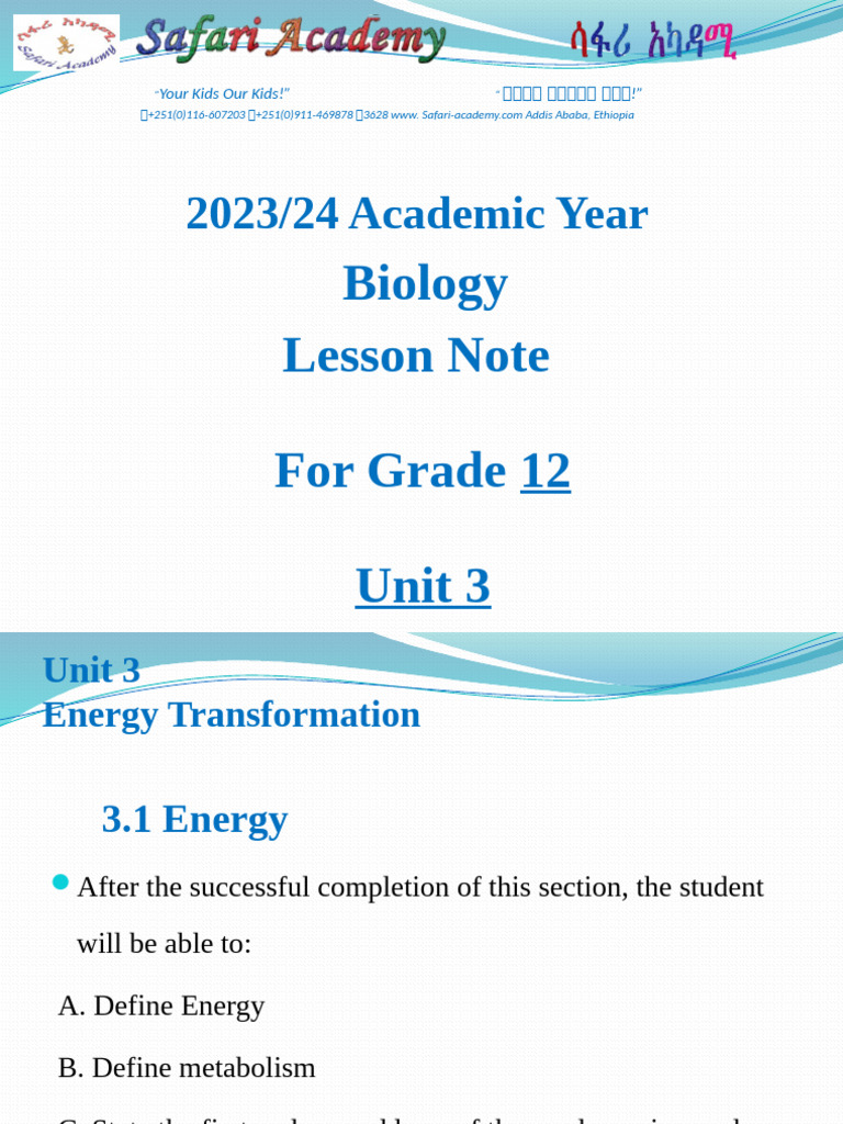 Biology Lesson Note For Grade 12.... Unit 3 | PDF