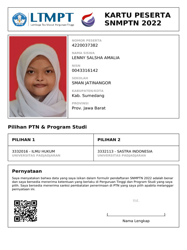 Kartu Peserta SNMPTN 2022: 4220037382 Lenny Salsha Amalia 0043316142 Sman Jatinangor Kab ...