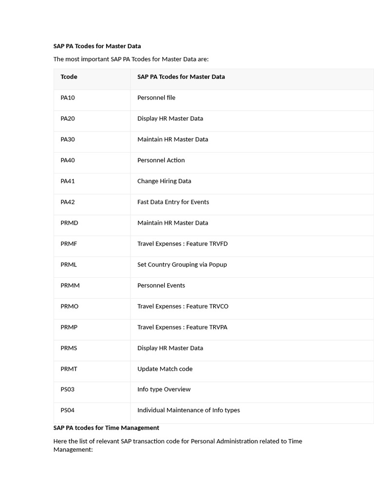 SAP PA Tcodes For Master Data | PDF