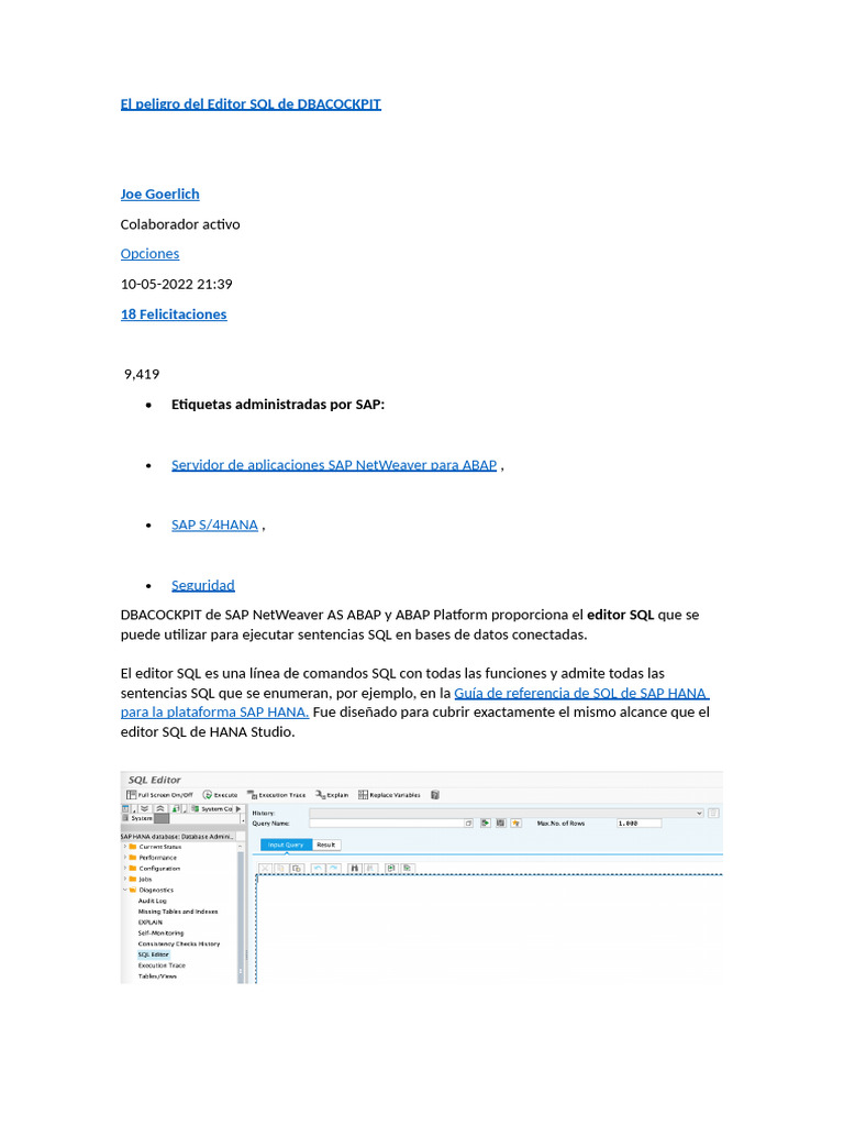 El Peligro Del Editor SQL de DBACOCKPIT | PDF