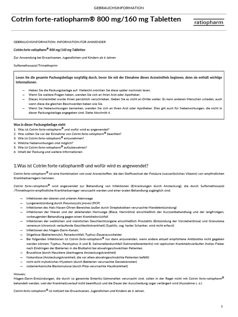 Beipackzettel Cotrim Forte Ratiopharm 800 MG 160 MG Tabletten | PDF
