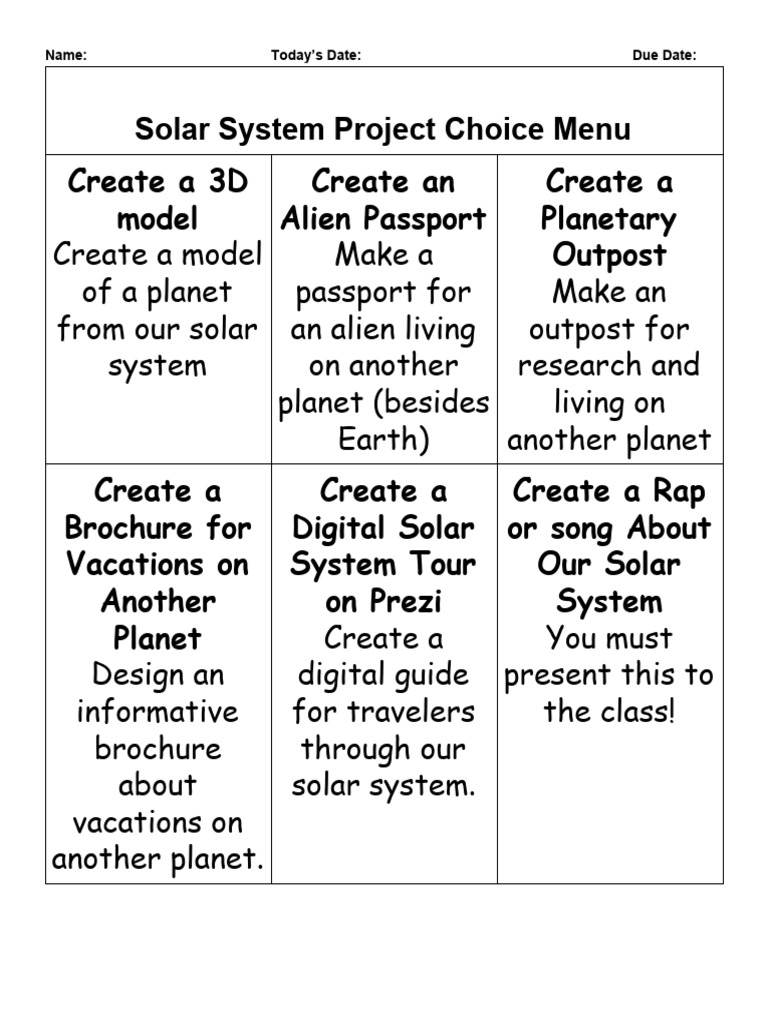 Solar System Project Choice Menu | PDF