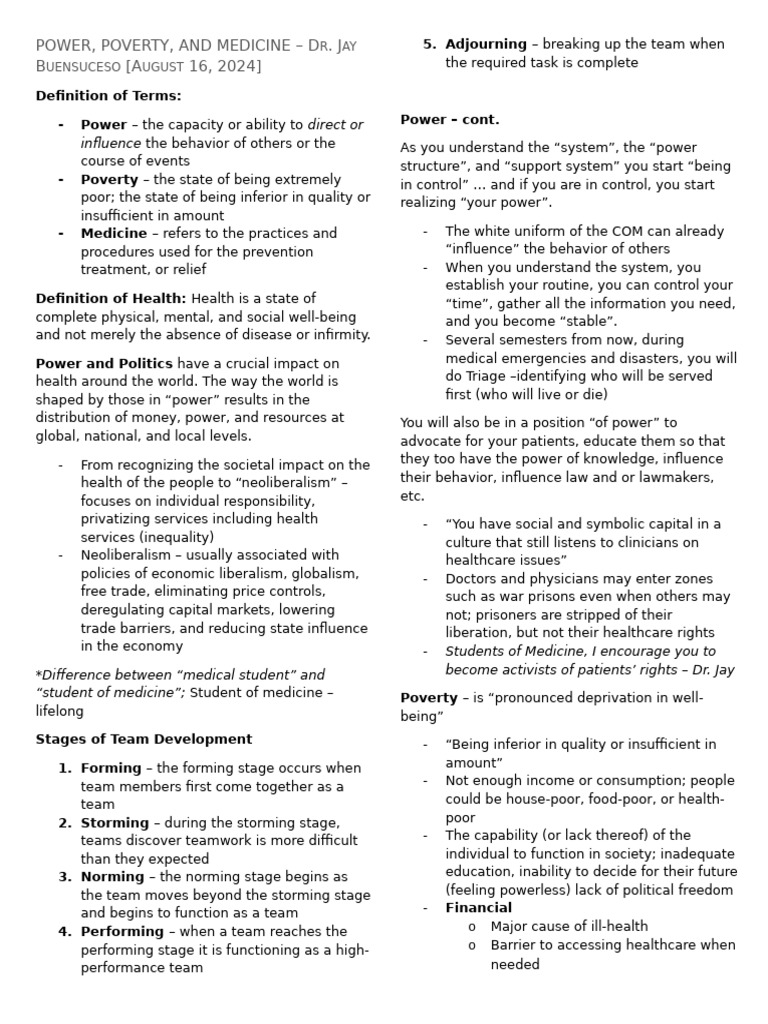 Power, Poverty & Medicine Class Notes | PDF | Poverty | Poverty ...