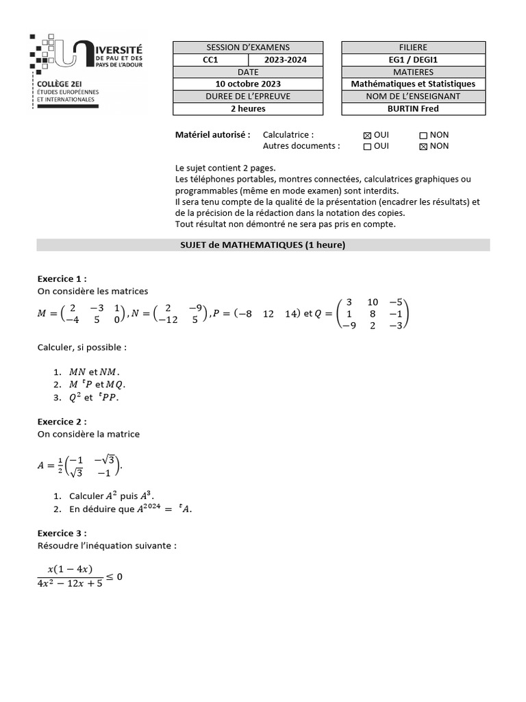 Eg1 CM Mathematiques CC1 2023 2024 | PDF