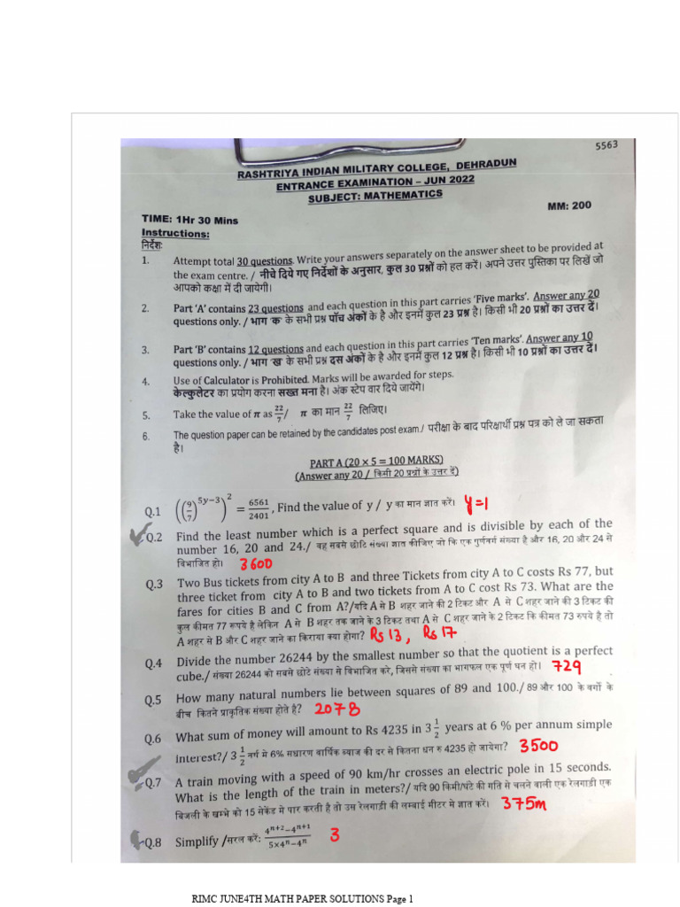 RIMC 4THJUNE MATH 2022 Question Paper | PDF