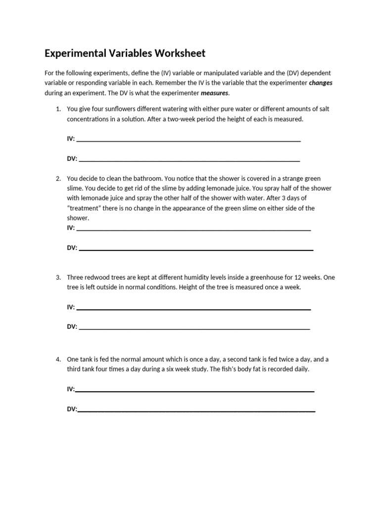 Experimental Variables Worksheet | PDF