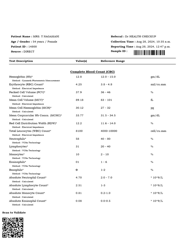 Complete Blood Count (CBC) : Page 1 of 2 | PDF