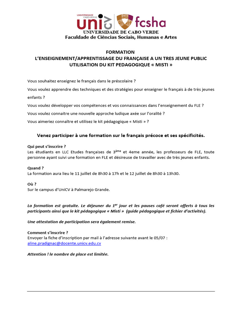 Offre Formation en Enseignement Du Français Pour Très Jeune Public ...