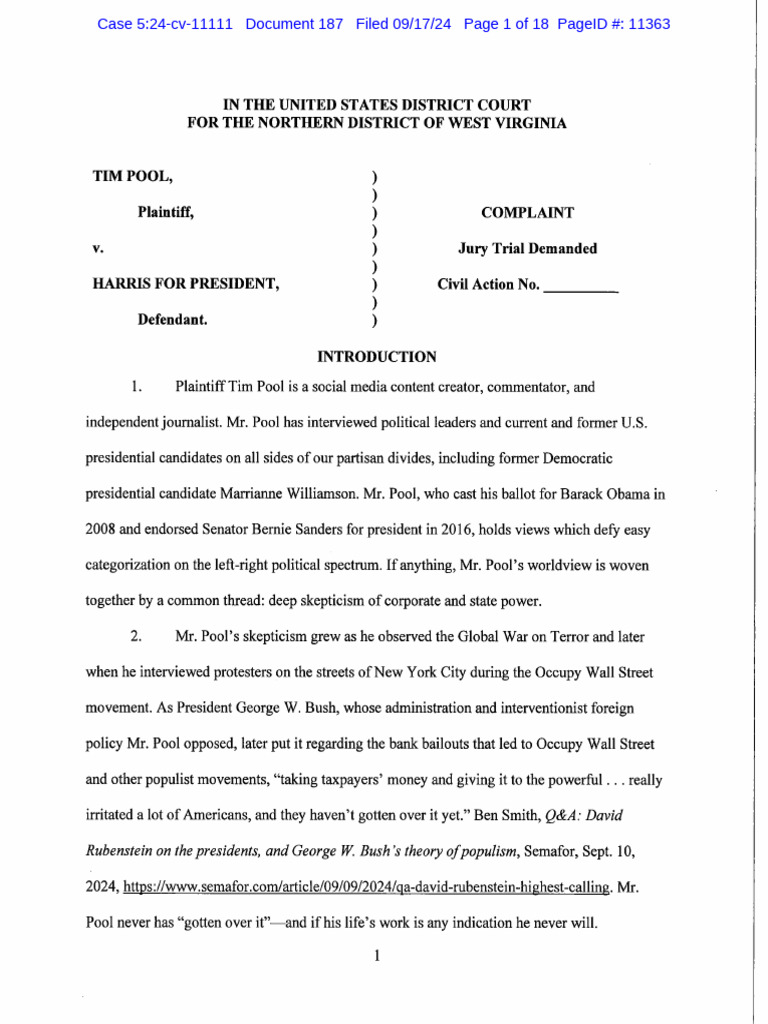 Tim Pool Sues Kamala Harris For President, Defamation Lawsuit | PDF | Law