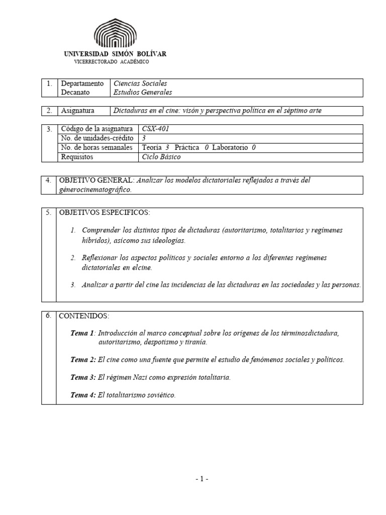 CSX401 Dictaduras en El Cine Visón y Perspectiva Política en El Séptimo Arte - Programa | PDF