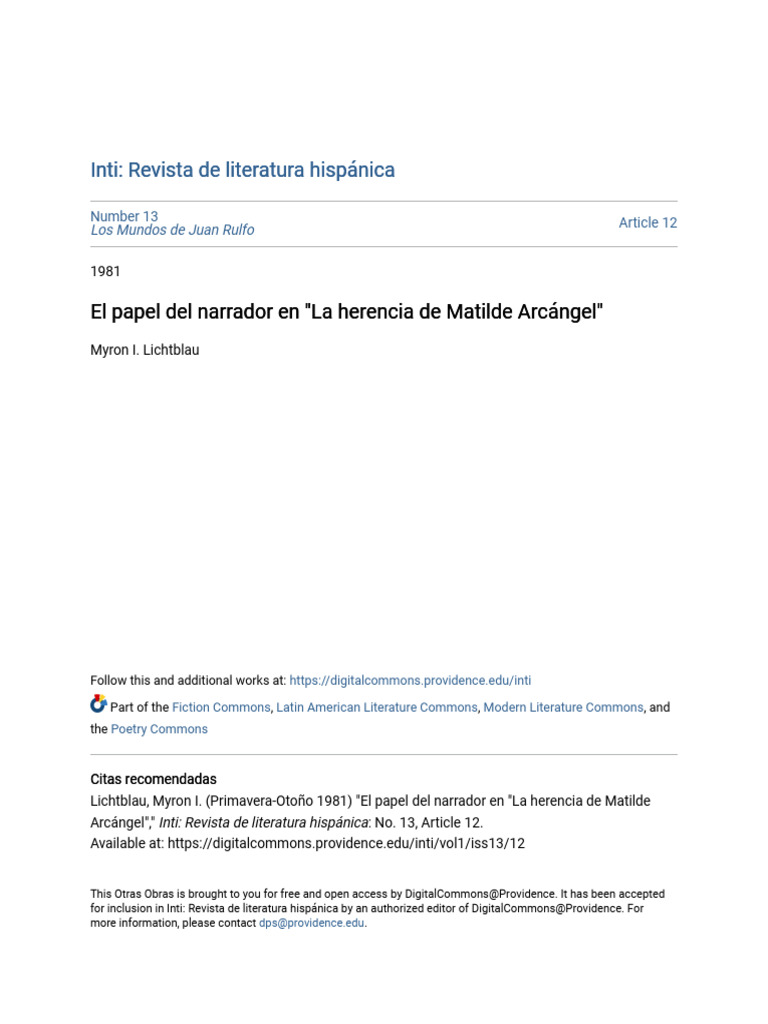 El Papel Del Narrador en La Herencia de Matilde Arcángel | PDF