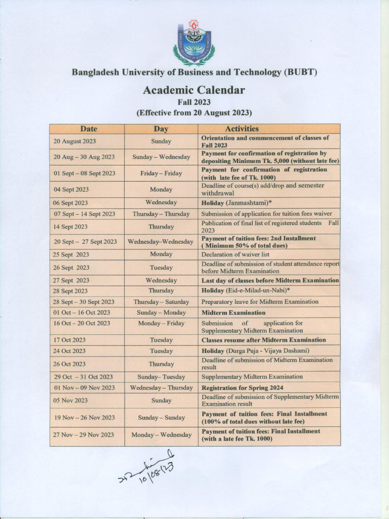 Academic Calendar, Fall 2023 (Effective From August 20, 2023) | PDF