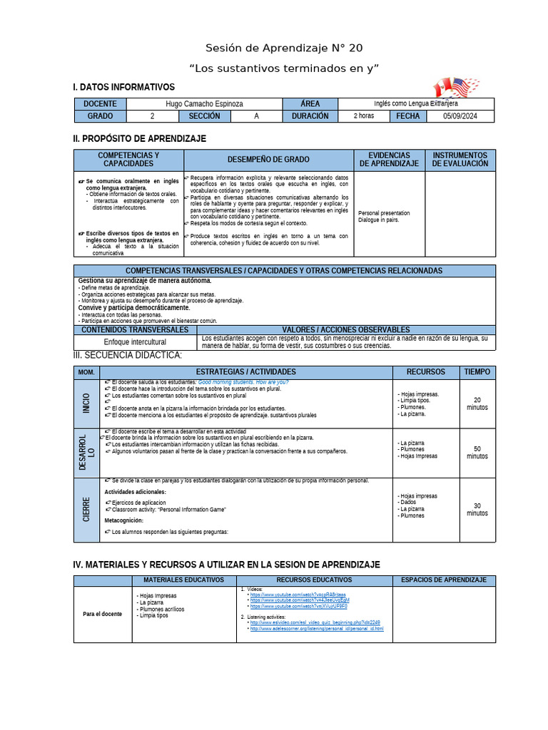 sesion de aprendizaje ingles | PDF