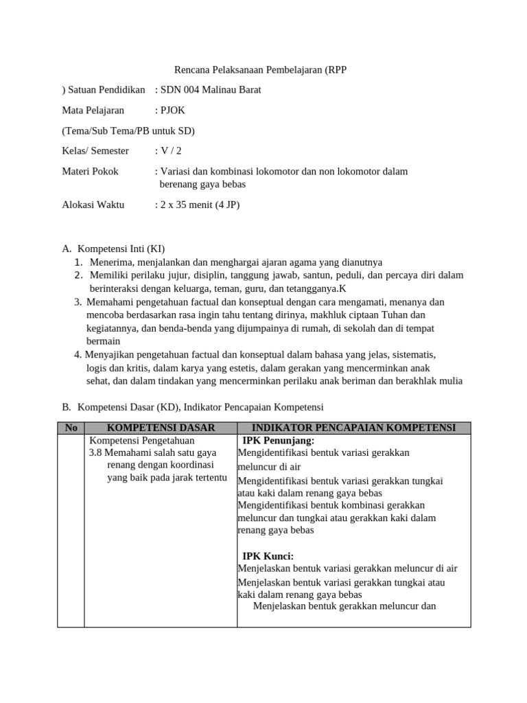 RPP Gaya Renang | PDF