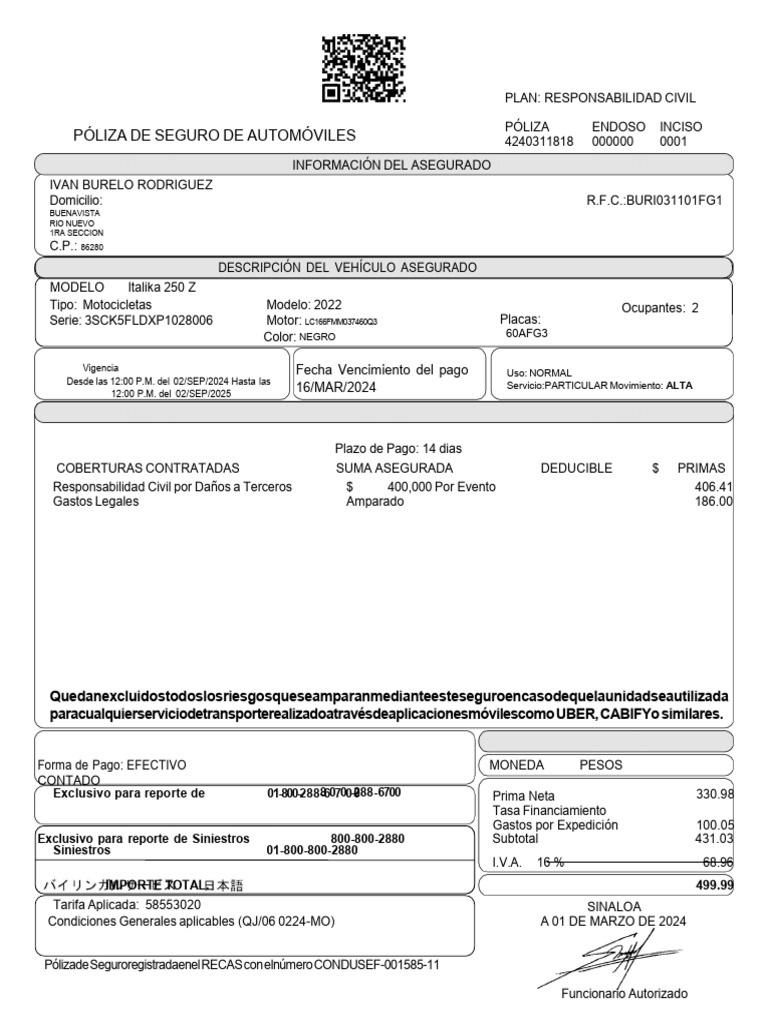 Póliza de Seguro de Automóviles Allianz | PDF