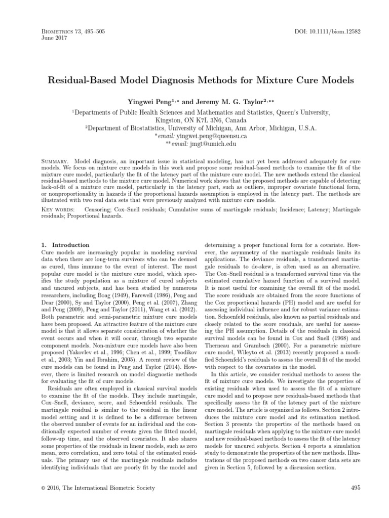 Biometrics - 2016 - Peng - Residual Based Model Diagnosis Methods For Mixture Cure Models | PDF