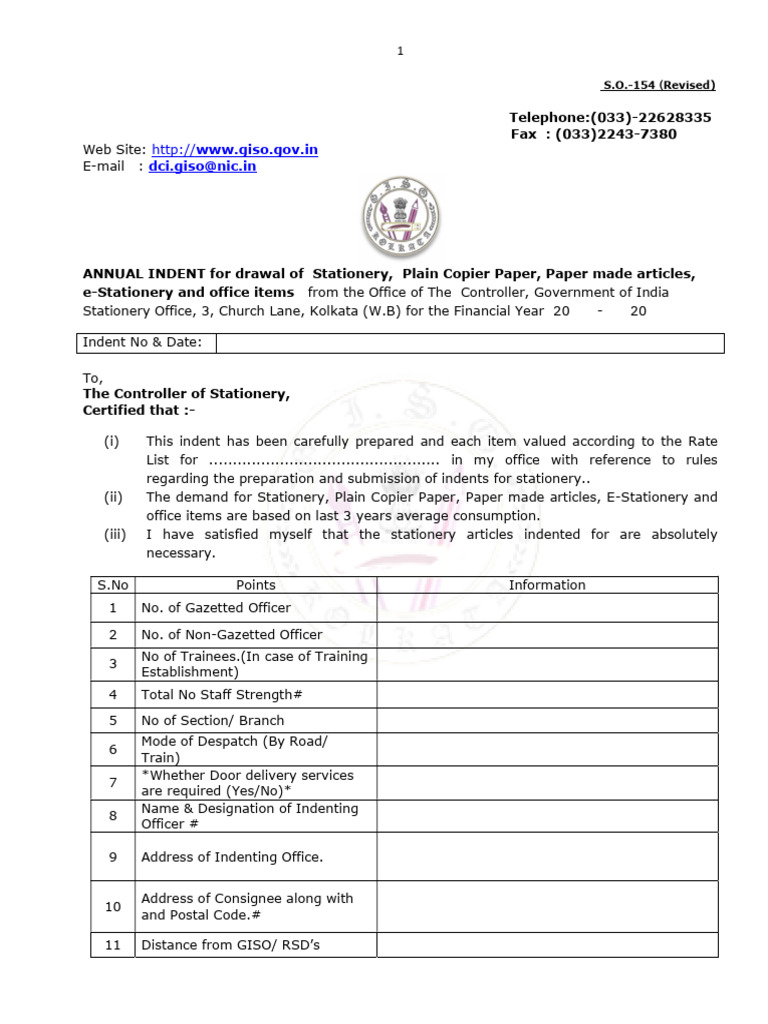 Appx A Indent Form Revised GISO Kolkata. | PDF