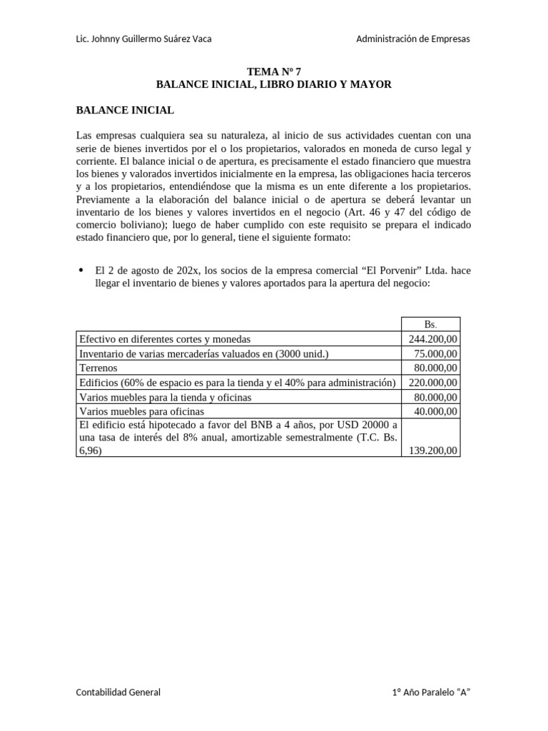 Tema #7 Balance Inicial, Libro Diario y Mayor | PDF | Contabilidad ...