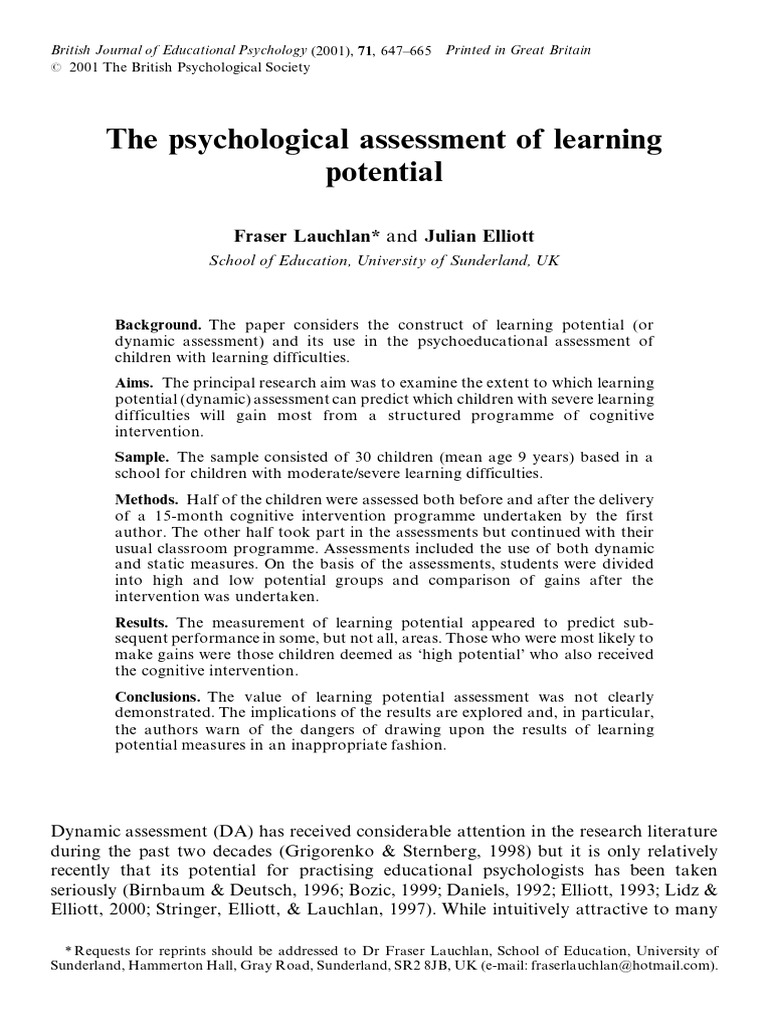 The Psychological Assessment of Learning | PDF