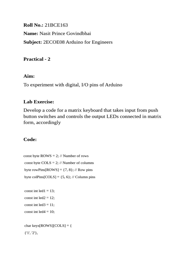 21BCE163 Arduino Practical 2 | PDF