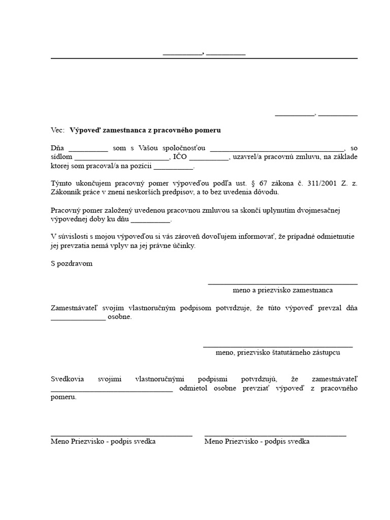 Vypoved Zo Strany Zamestnanca | PDF
